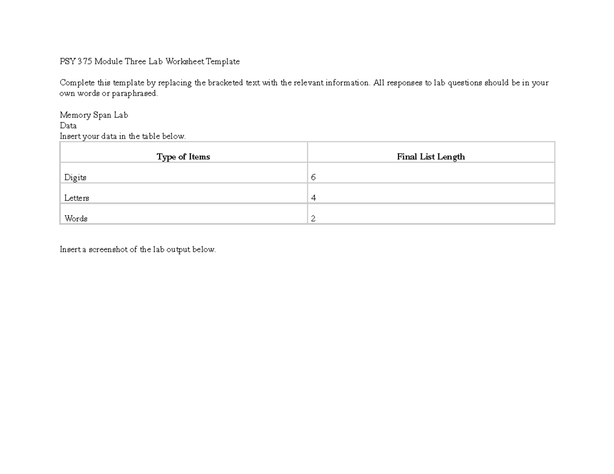 PSY 375 Module Three Lab Worksheet: Memory and Mental Rotation Analysis ...