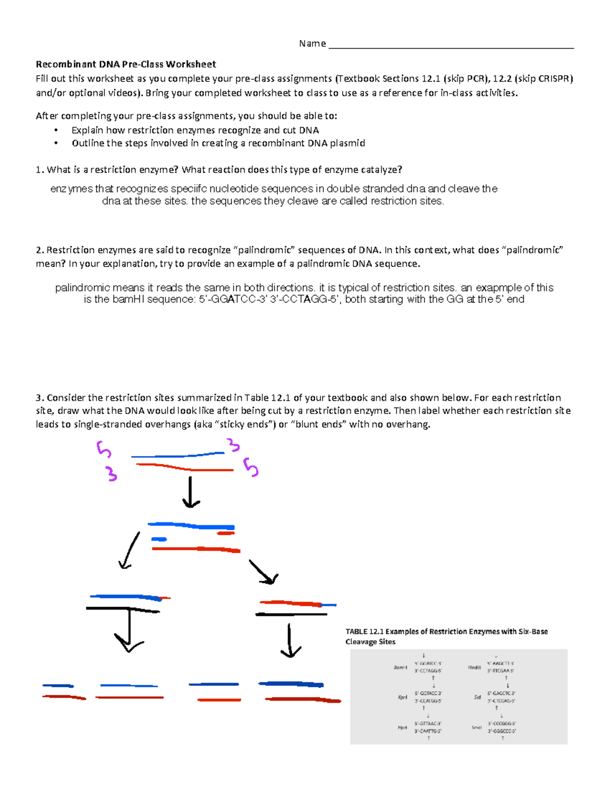 Week 9a.1 Recombinant DNA Pre-Class Worksheet & Guide - Studocu