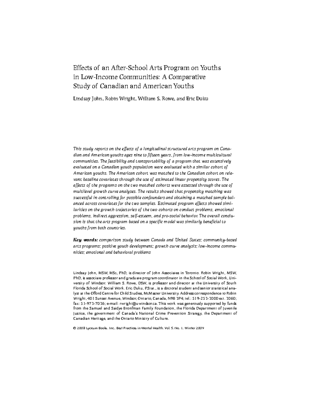 Effects of After-School Arts Programs on Youth: Canada vs. U.S. Study ...