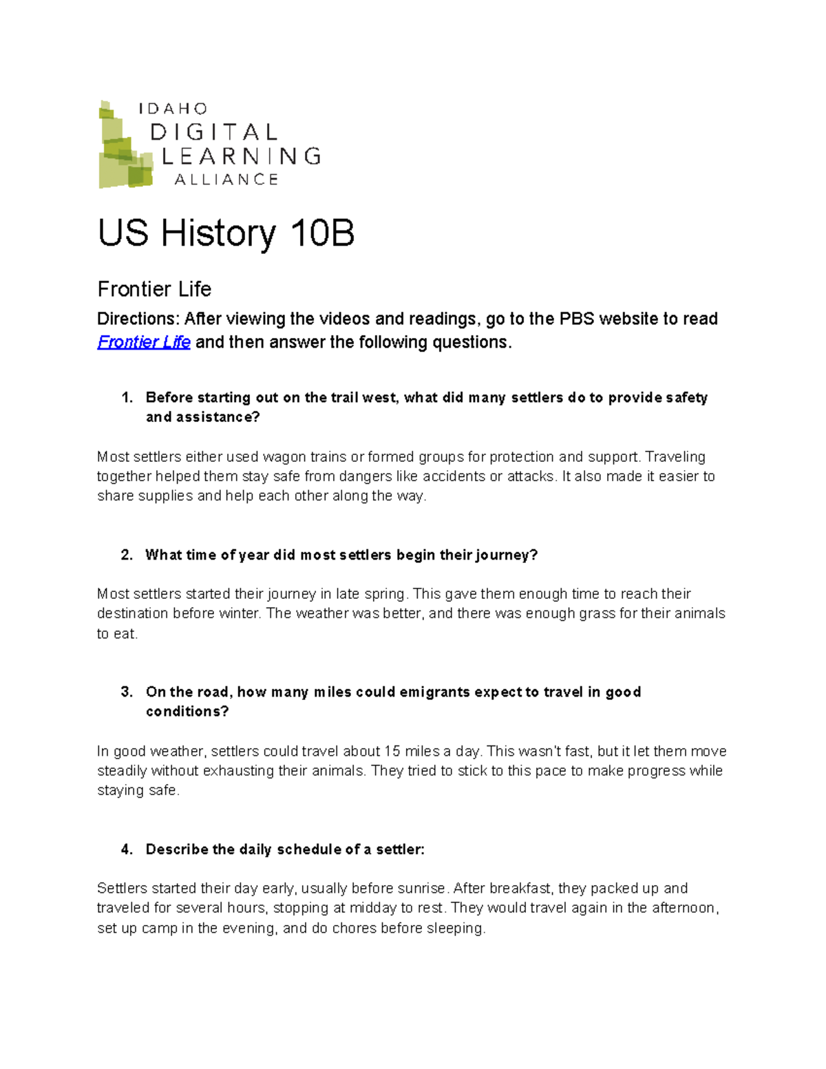 US History 10B - Frontier Life Study Notes and Questions - Studocu