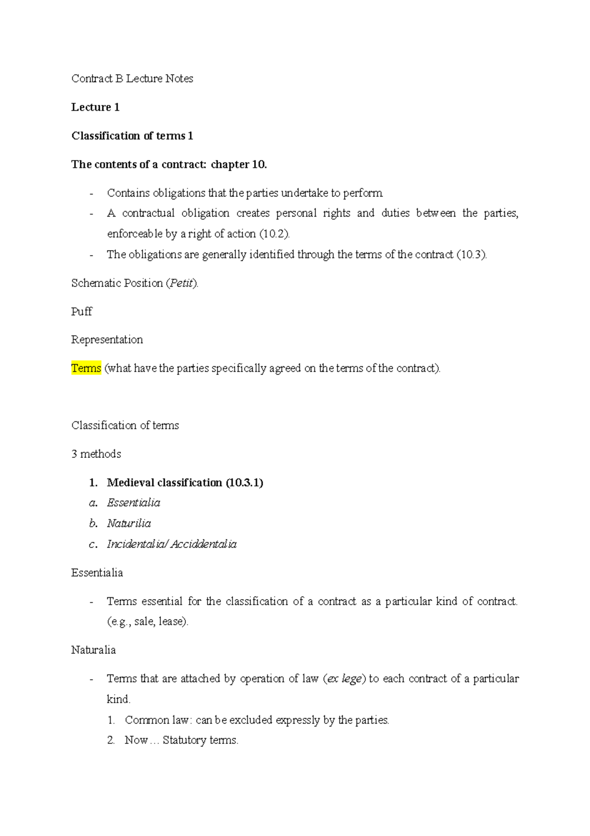 Contract B Lecture Notes: Classifying Contractual Terms and Obligations ...