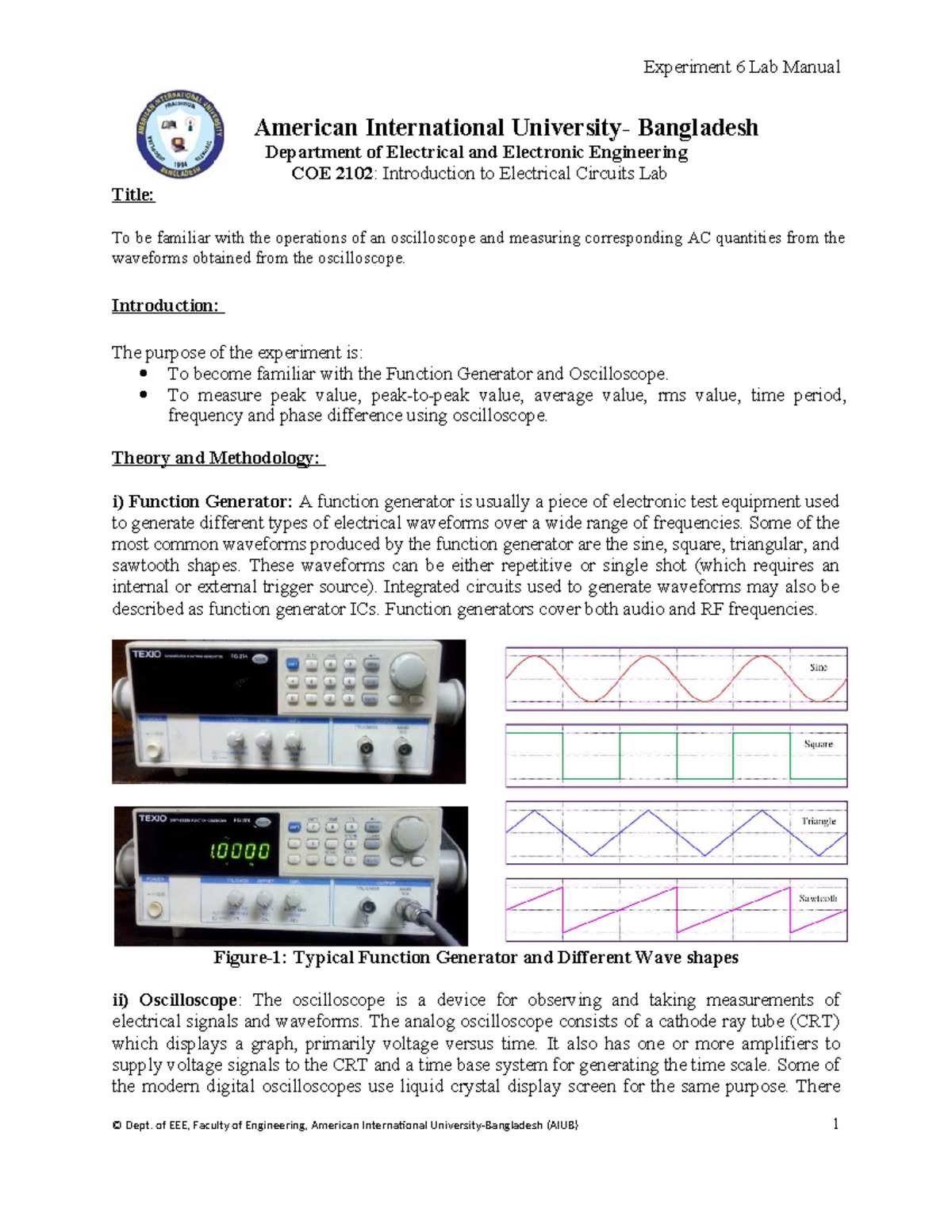 COE 2102: Experiment 6 Lab Manual on Oscilloscope Operations - Studocu