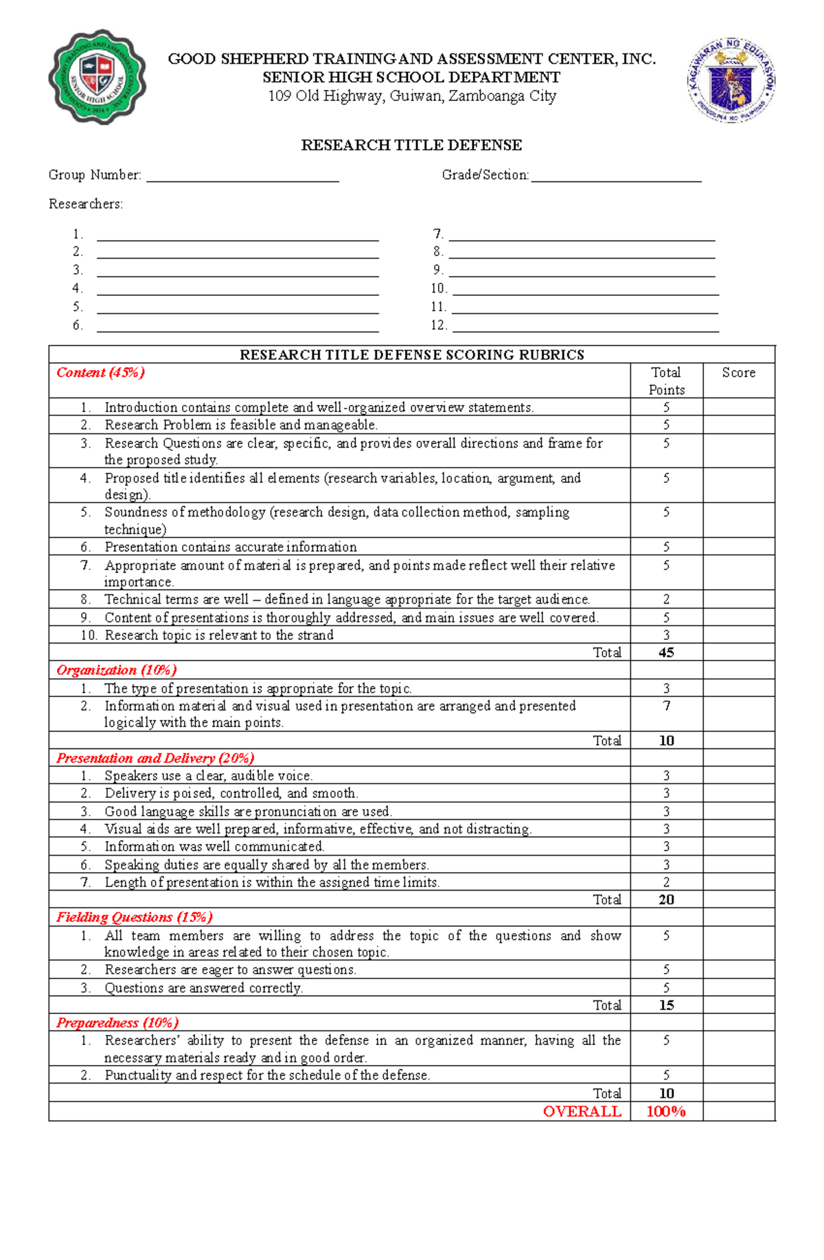 Research Title Defense Scoring Rubrics for SHS - Good Shepherd Training ...
