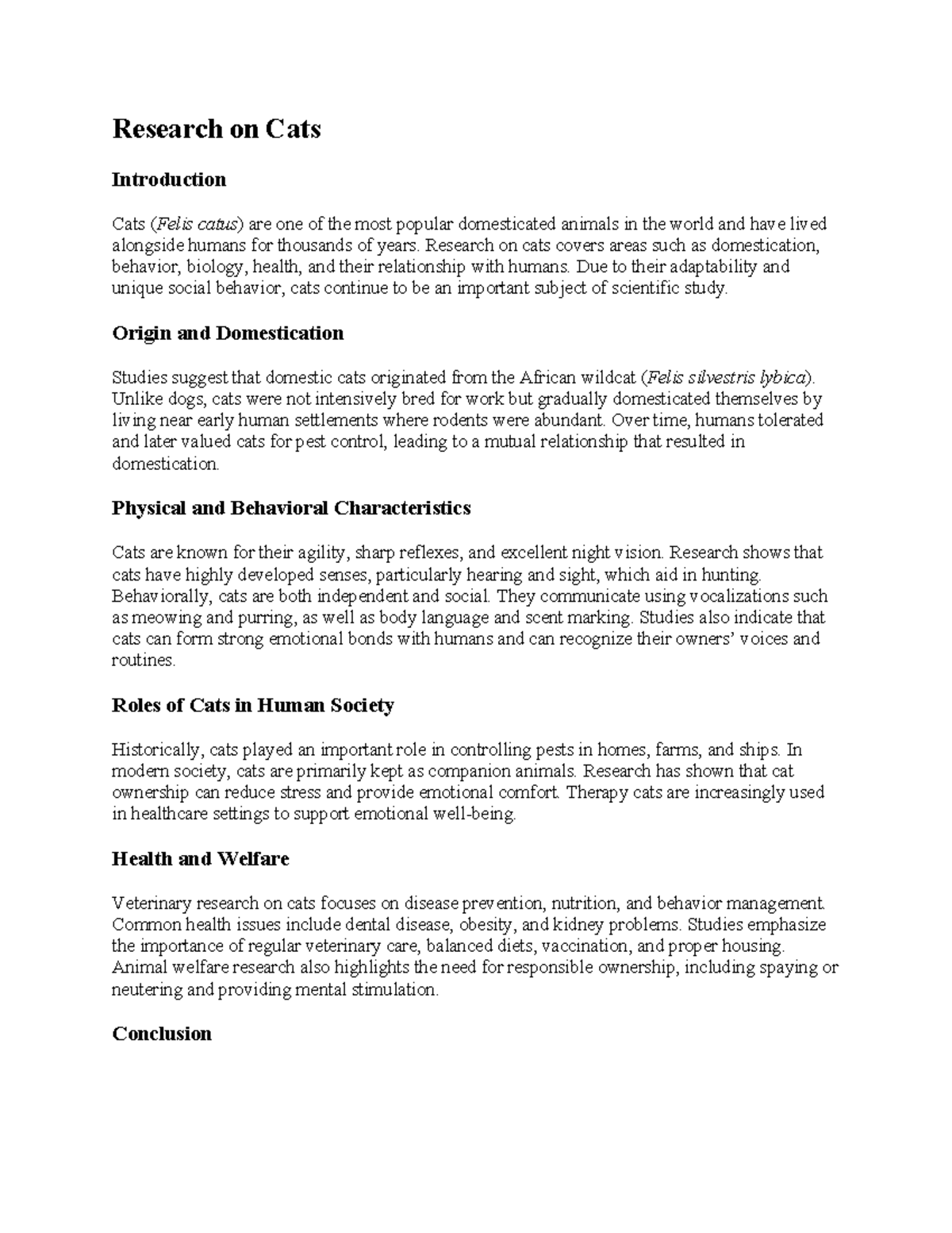Research on Cats: Domestication, Behavior, and Welfare Insights - Studocu