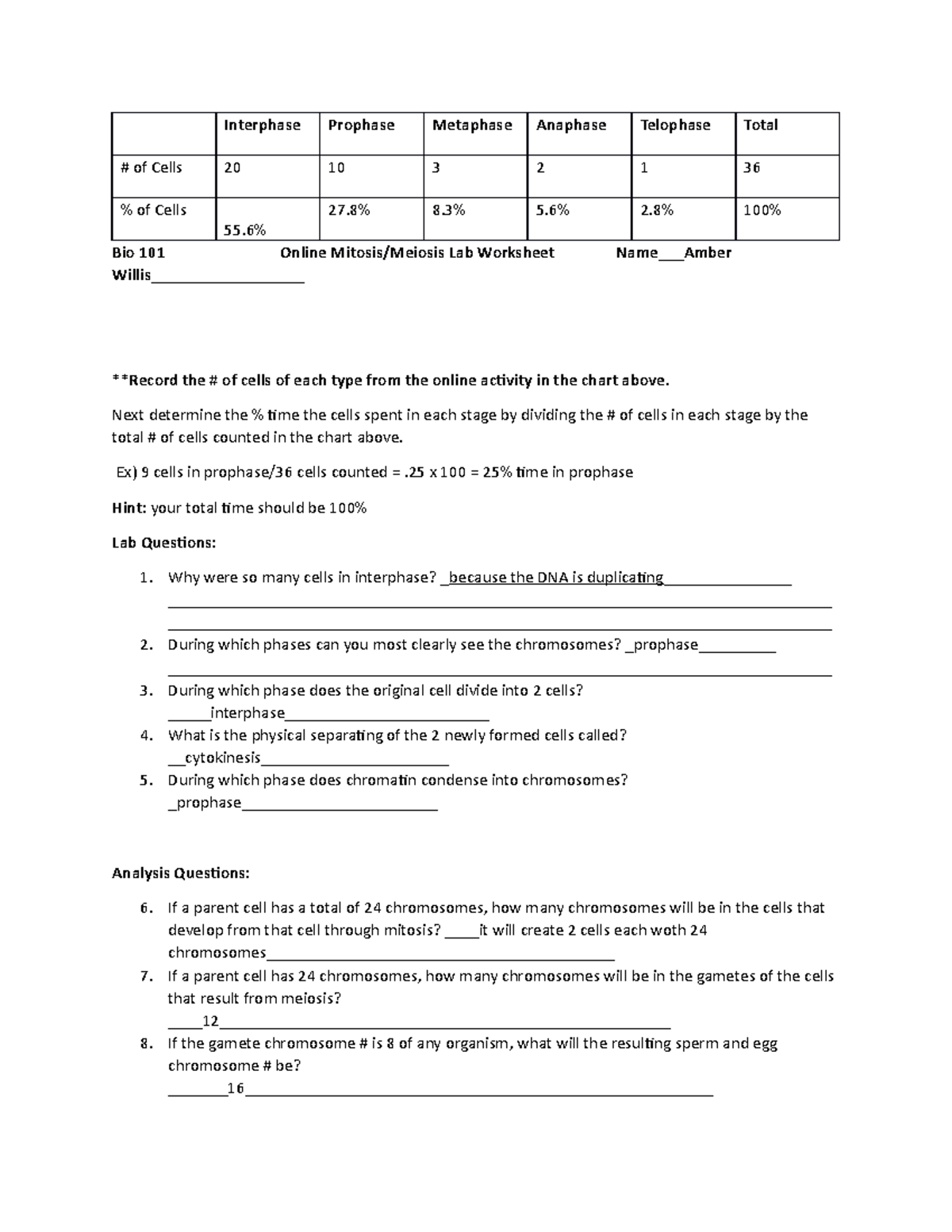 Bio 101: Mitosis-Meiosis Lab Worksheet Analysis and Results 2020-1 ...