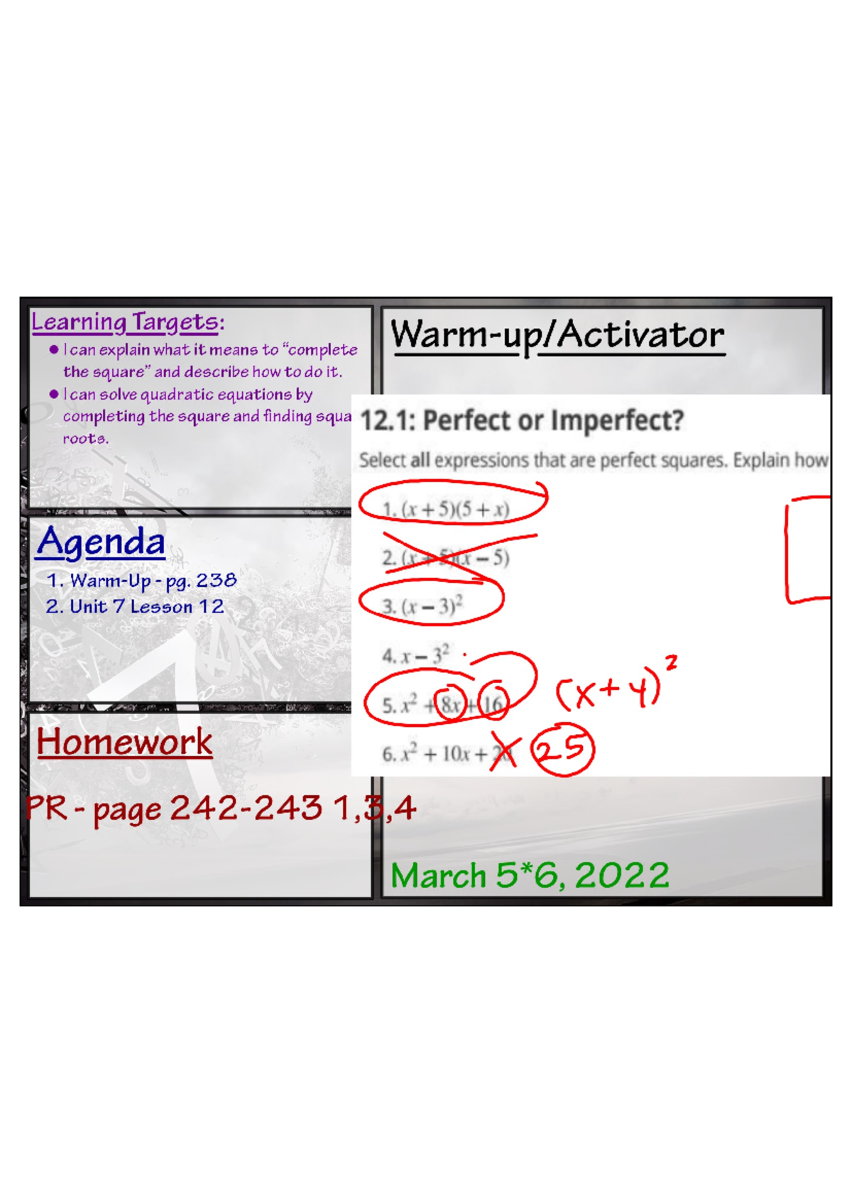 Algebra 1 U7L12: Completing the Square & Perfect Squares Notes - Studocu