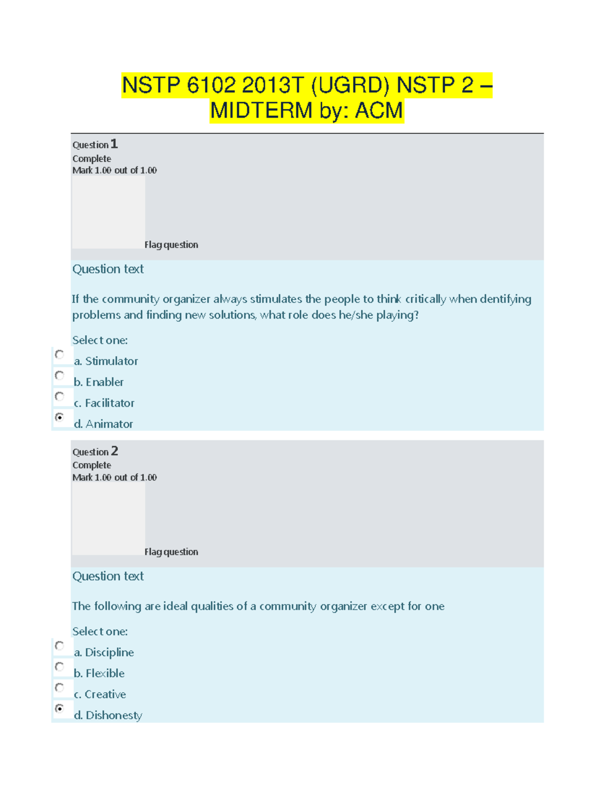 Midterm - NSTP 2 - National Service Training Program 2 - NSTP 6102 ...