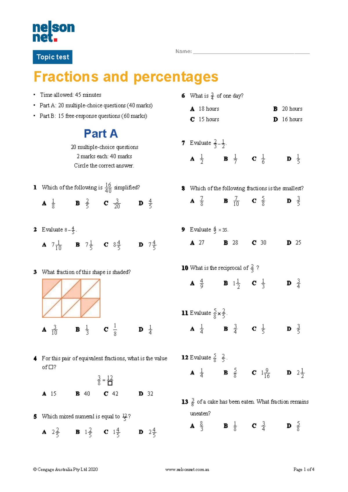 Fractions and Percentages Topic Test (45 min) - 1 of 4 - Studocu