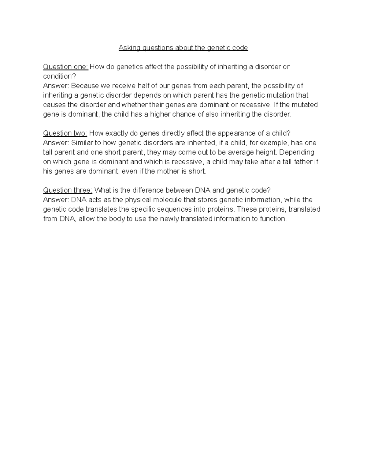 Genetics and Inheritance: Key Questions on Genetic Code - Studocu