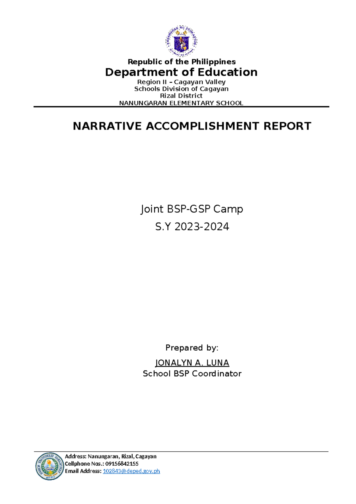 BSP-GSP Camp Narrative Accomplishment Report S 2023 - Studocu