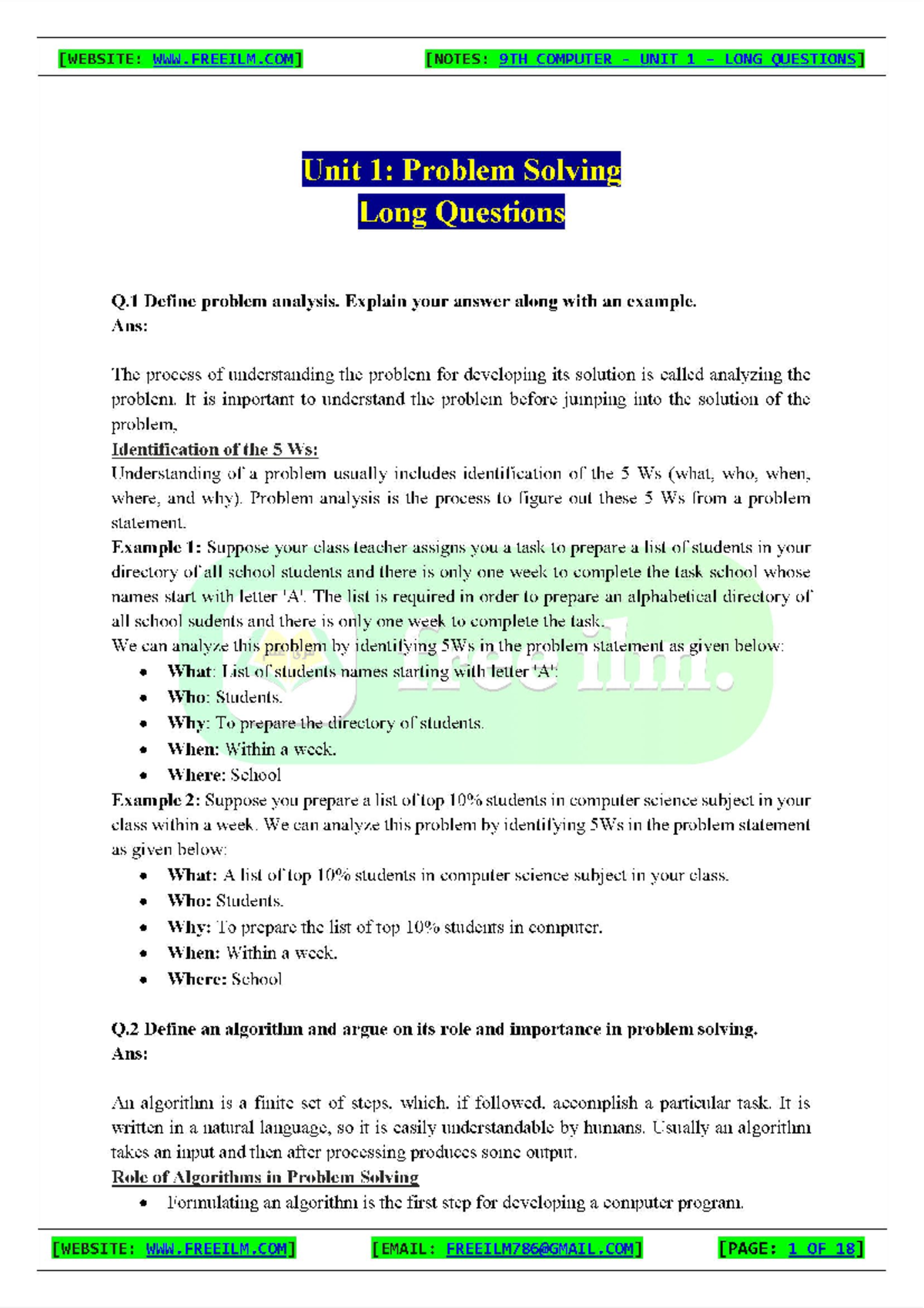 9th Comp Unit 1 Long Questions on Problem Solving and Algorithms - Studocu