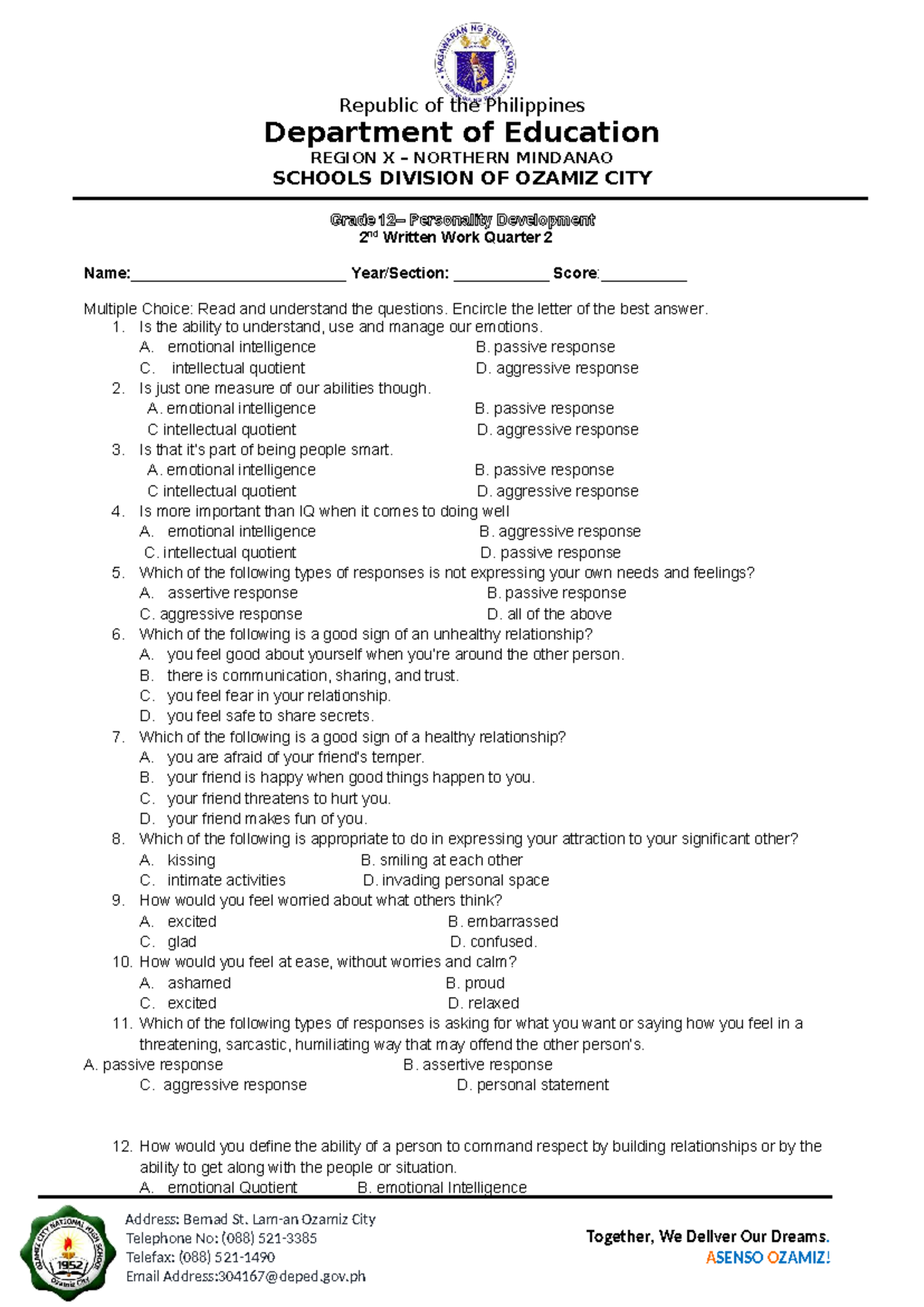 Grade Personality Development 2nd Written Exam QTR 2 - Multiple Choice ...