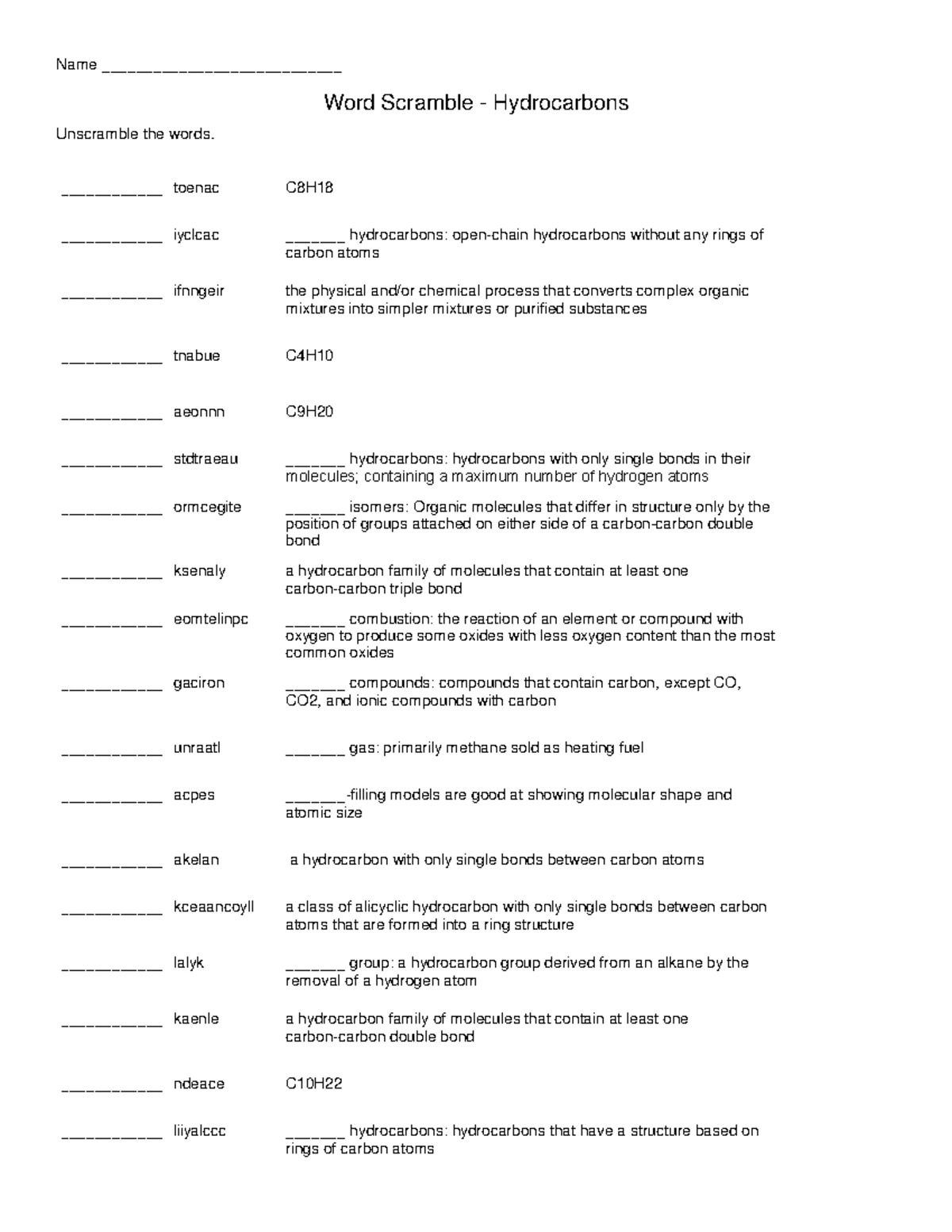 Hydrocarbons, Unit Organic Chemistry - Name ...