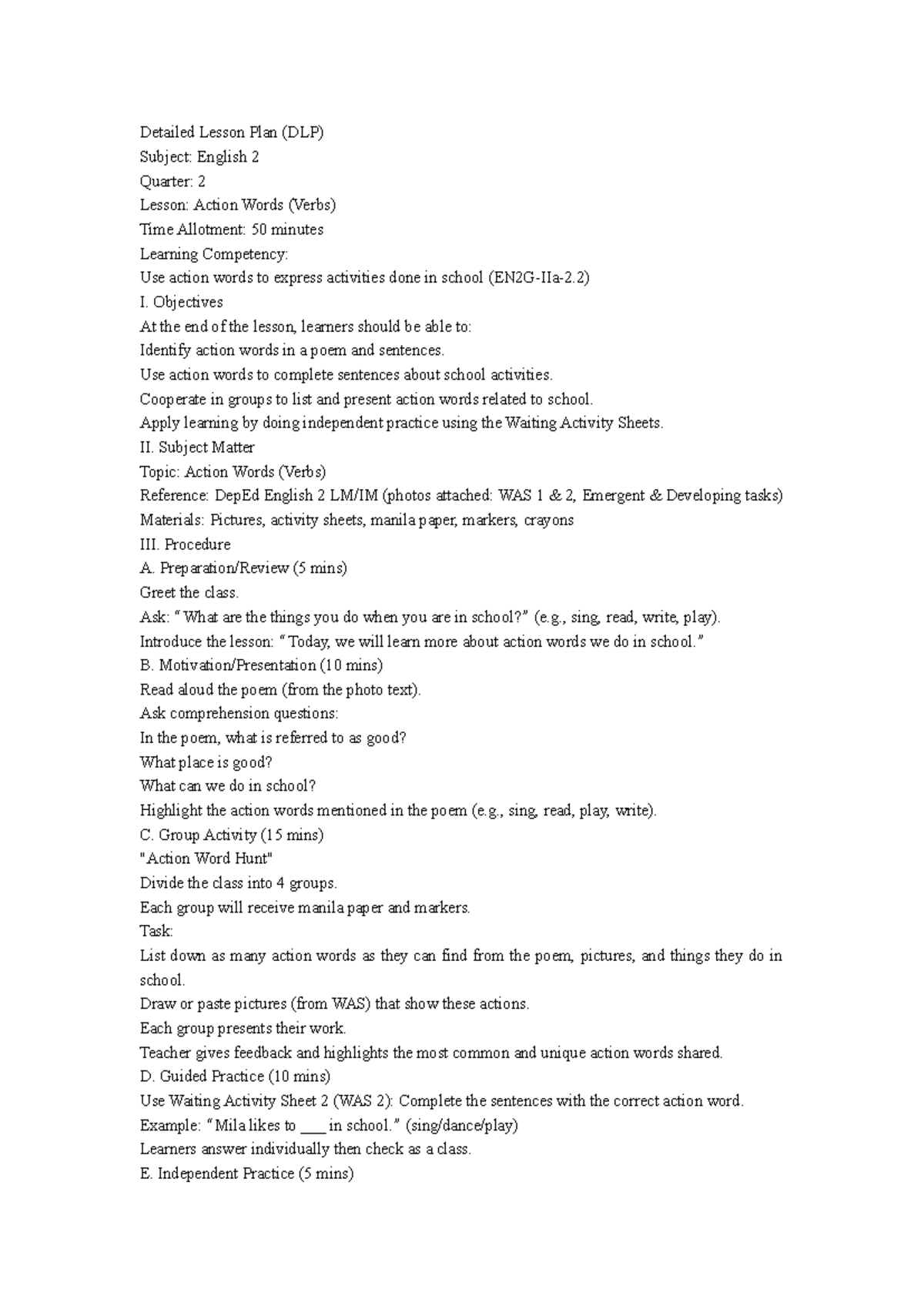 DLP English 2: Lesson Plan on Action Words (Verbs) - Studocu