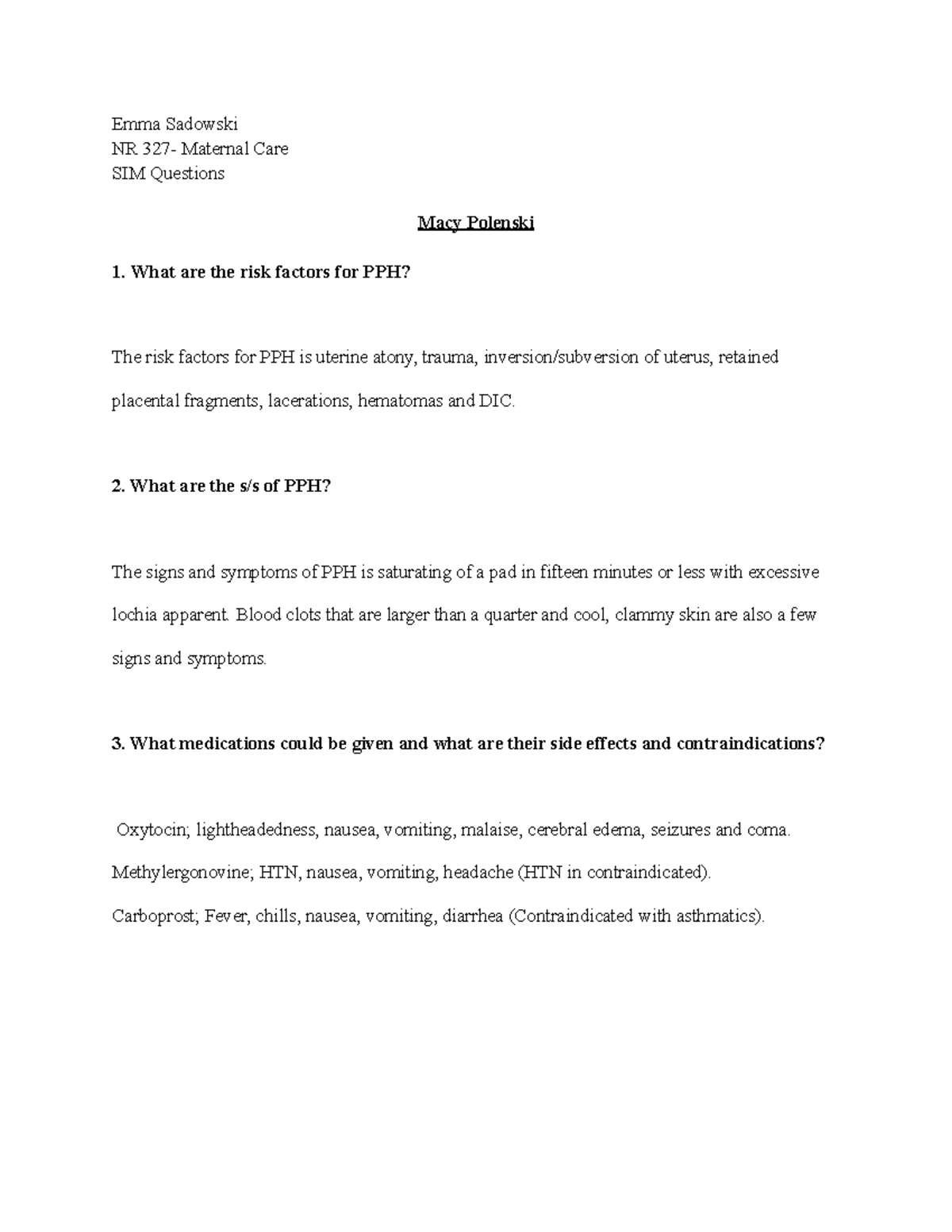 NR 327 SIMS - Maternal Health - Emma Sadowski NR 327- Maternal Care SIM ...