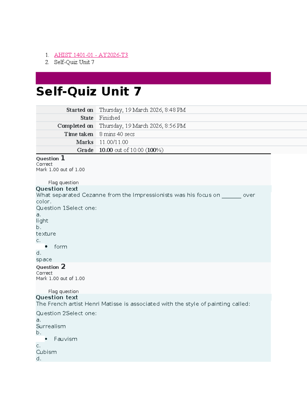 AHIST Unit 7: Art History Self Quiz and Answers - Studocu