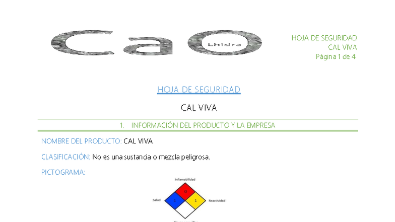 Hoja de Seguridad CAL VIVA - CALHIDRA S.A.S - Studocu