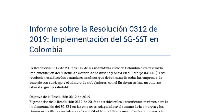 Informe sobre la Resolución 0312 de 2019: SG SST en Colombia - Studocu