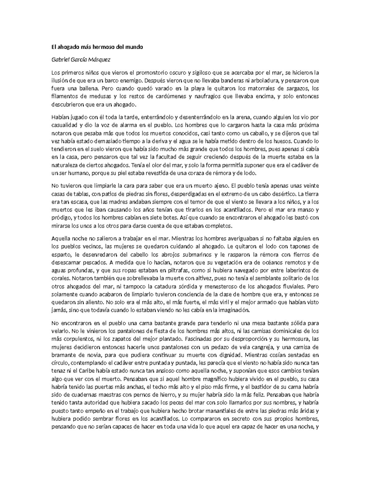 El ahogado más hermoso del mundo: Análisis y Reflexiones - Studocu