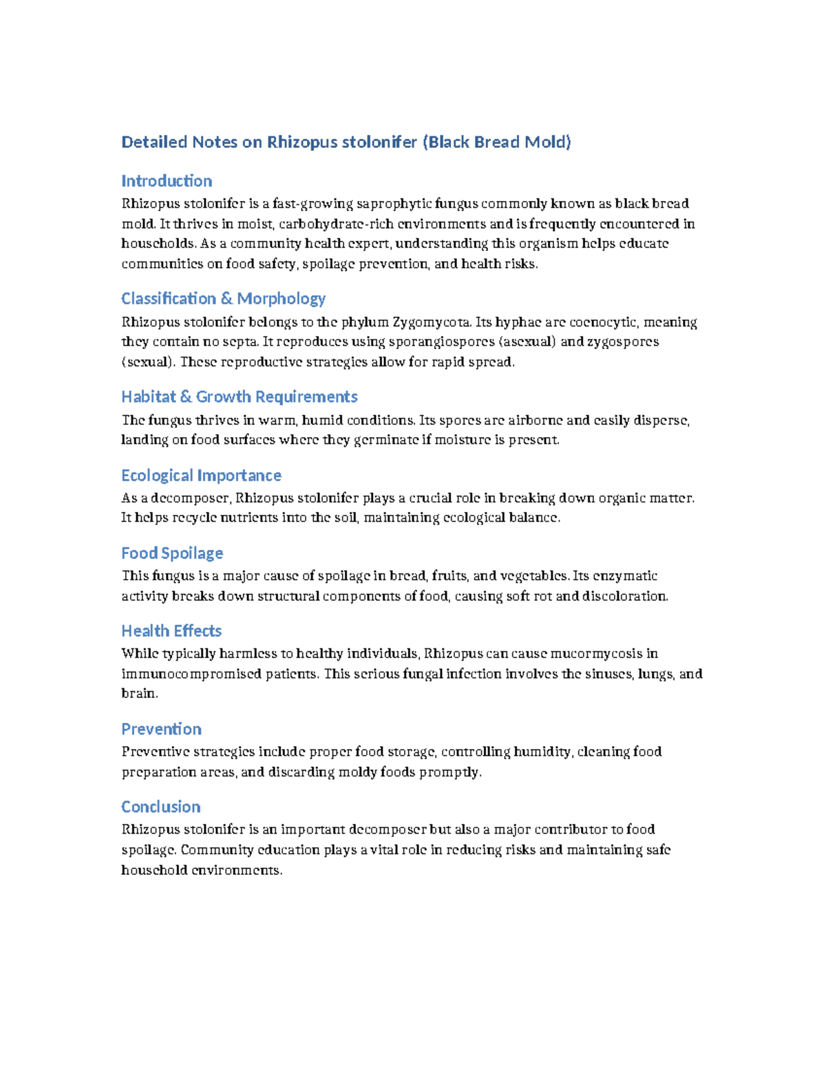 Rhizopus stolonifer (Black Bread Mold) Study Notes - Studocu