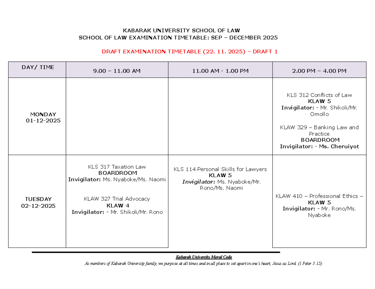 KLAW 2025 Draft Exam Timetable - Kabarak University Law School - Studocu