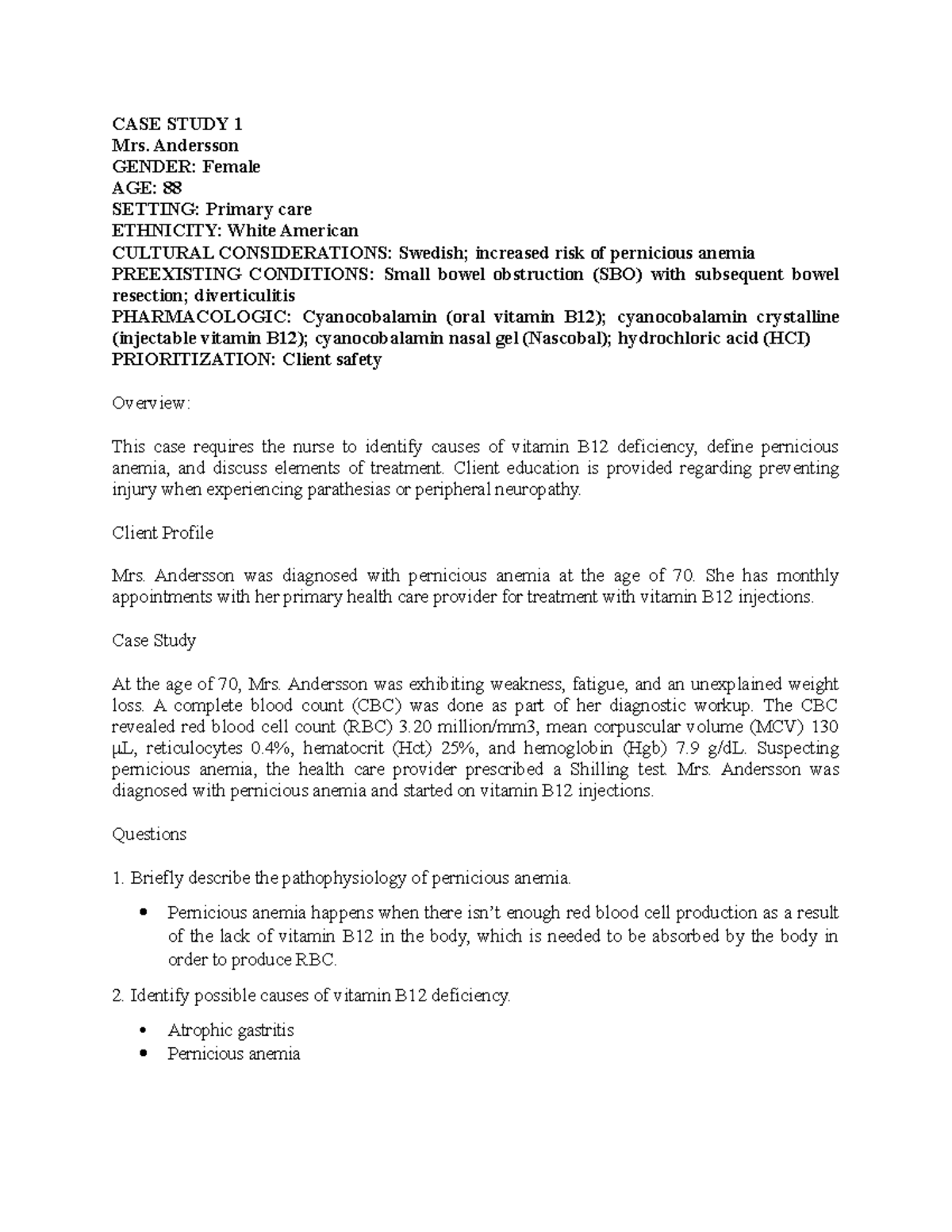 CASE Study Pernicous Anemia - CASE STUDY 1 Mrs. Andersson GENDER ...