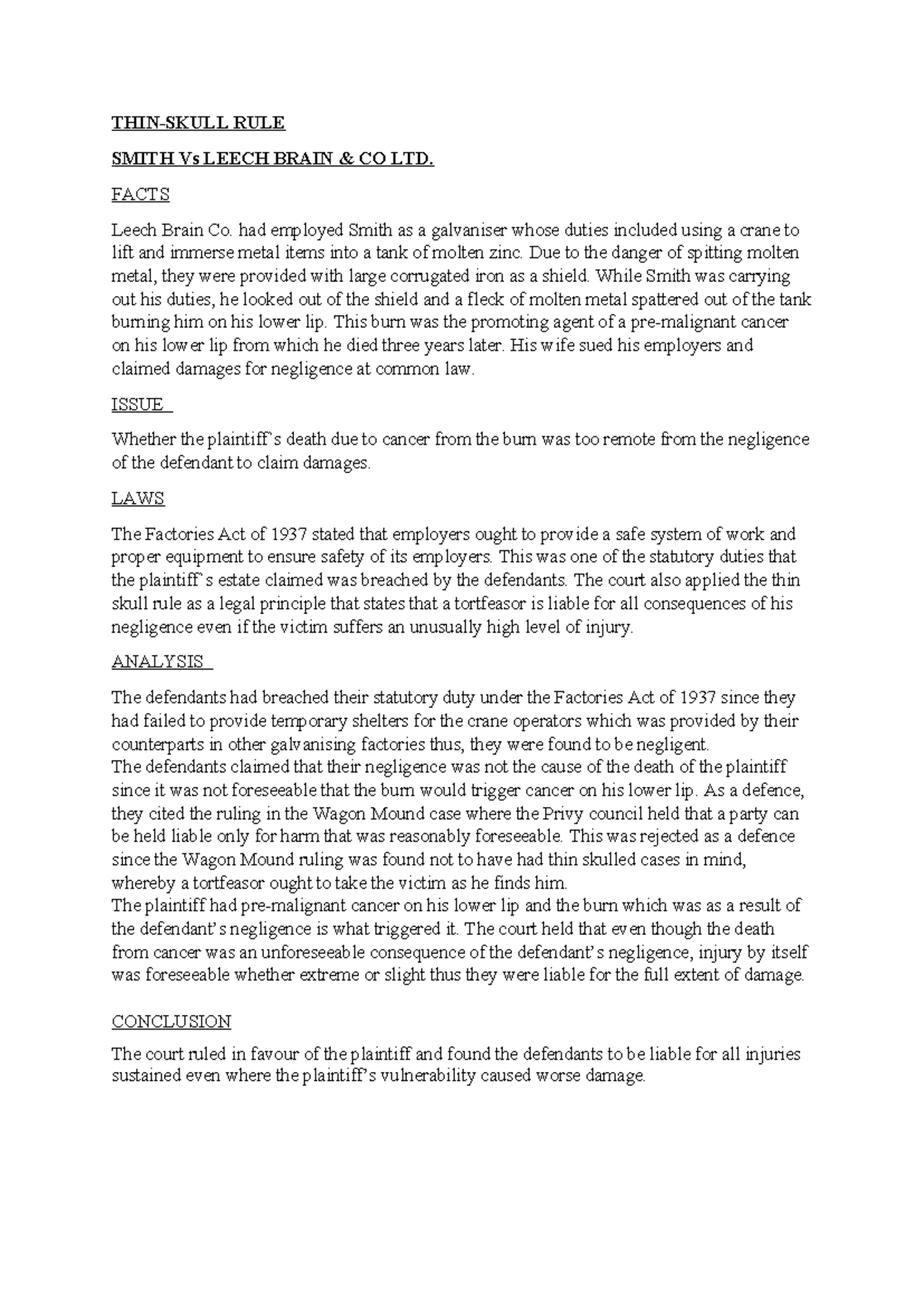Thin-Skull Rule and Volenti Non-Fit Injuria Case Summaries - Tort Law ...