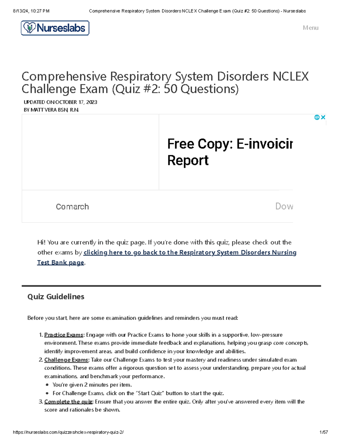 Comprehensive Respiratory System Disorders NCLEX Quiz #2 - 50 Questions ...