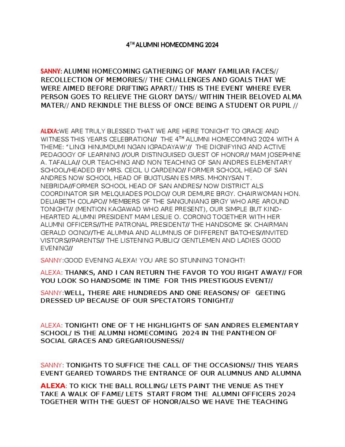 San Andres Alumni Homecoming Event Script 2024 - Studocu