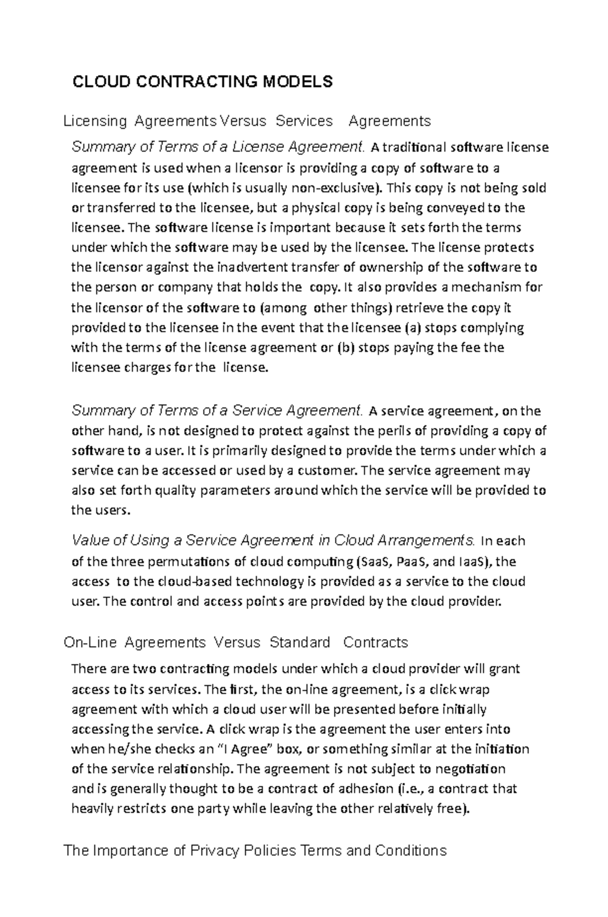 Cloud Contracting Models - CLOUD CONTRACTING MODELS Licensing Agreements Versus Services ...