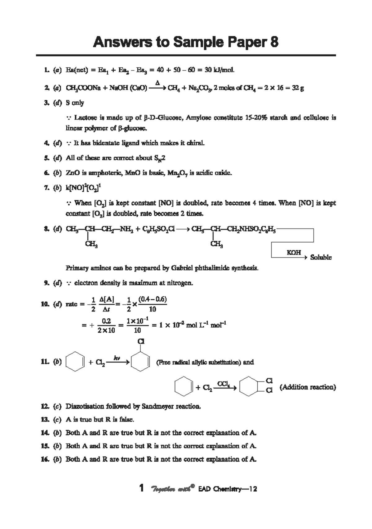 Cbse CL12 EAD Chemistry 2026 Edition: Answers to Sample Paper 8 - Studocu