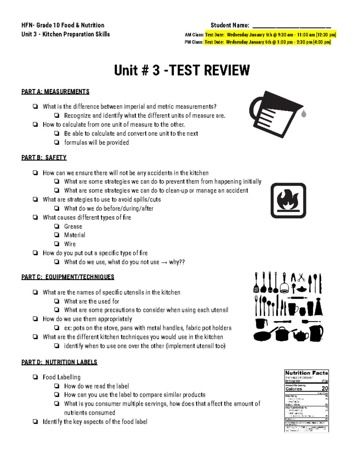 Unit 3 Test Review - HFN Grade 10 Food & Nutrition Skills - Studocu