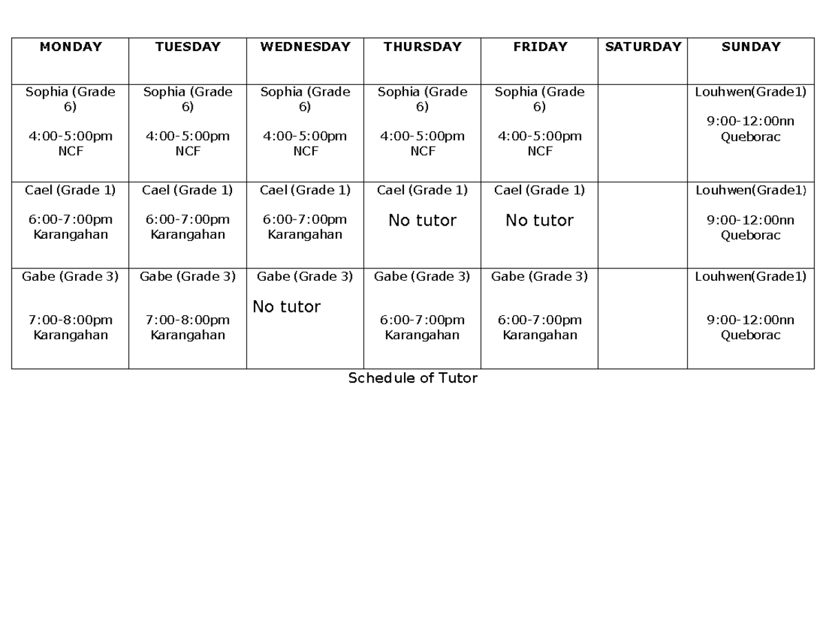 Schedule of Tutor - MONDAY TUESDAY WEDNESDAY THURSDAY FRIDAY SATURDAY ...