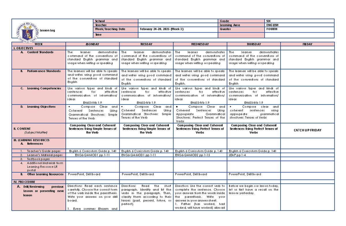 DLL English 6 Q4 W3 - daily lesson log - Daily Lesson Log School Grade SIX Teacher Learning Area ...