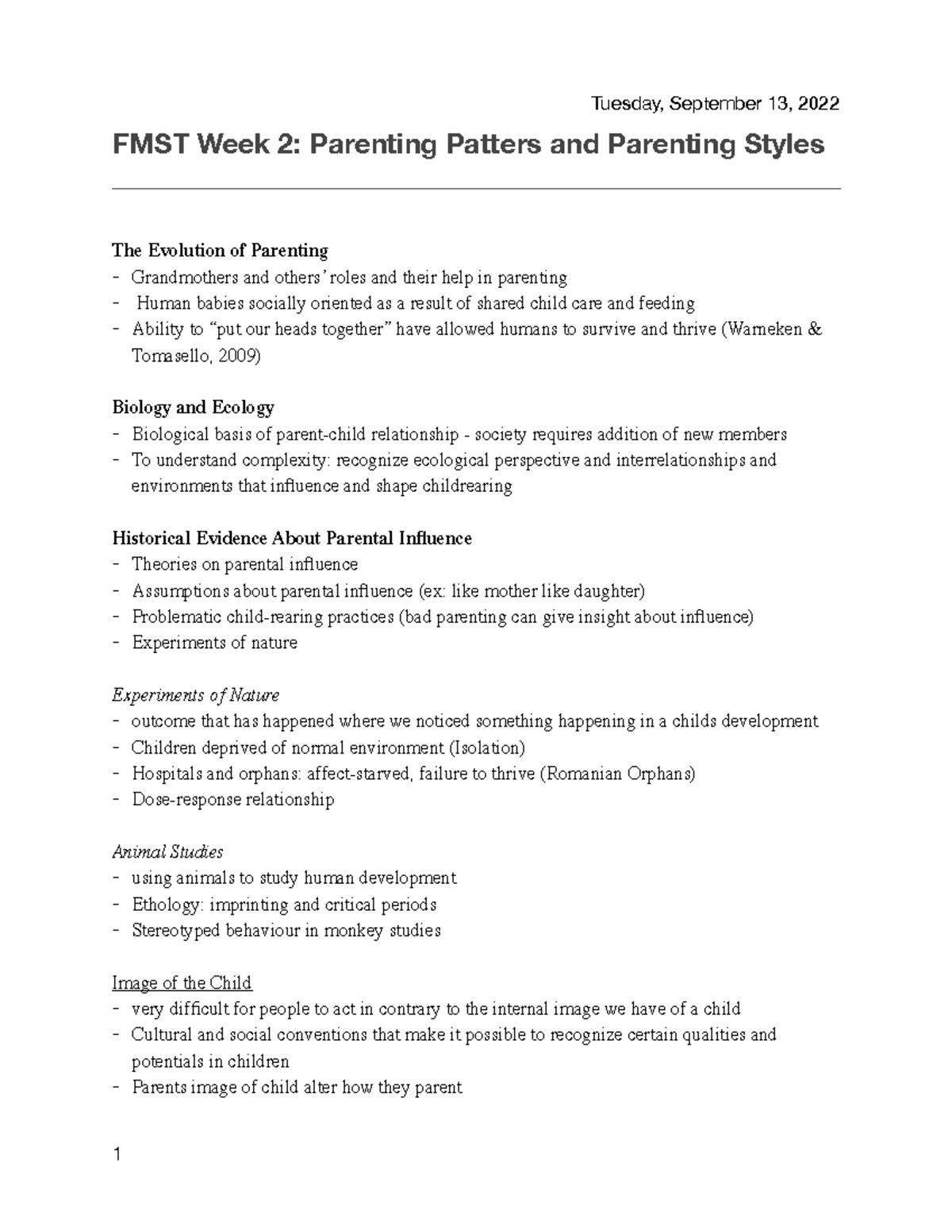 FMST Week 2 - Lecture notes - FMST Week 2: Parenting Patters and ...