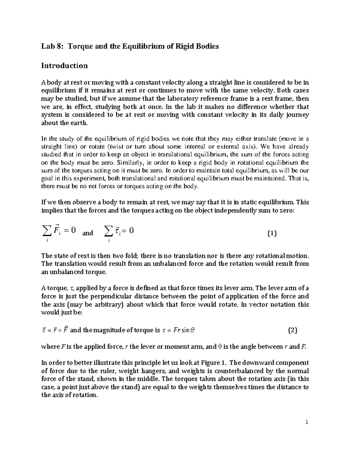 Lab 8: Analyzing Torque and Rotational Equilibrium of Rigid Bodies ...
