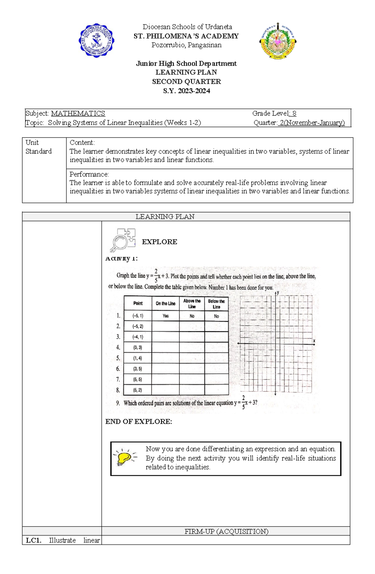 MATH 8 Learning Plan: Solving Linear Inequalities & Functions - Studocu