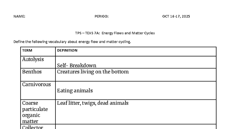 OCT 2025 TEKS 7A: Energy Flow & Matter Cycling Vocabulary Guide - Studocu