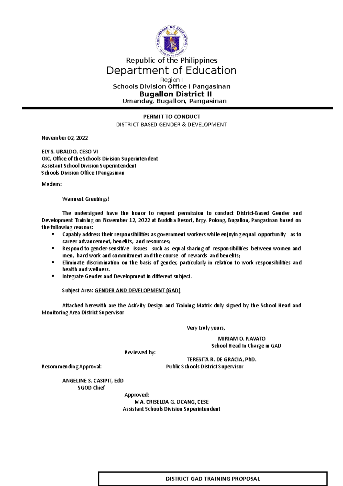 Revised 2022-GAD District-Based Training Proposal and Matrix - Studocu