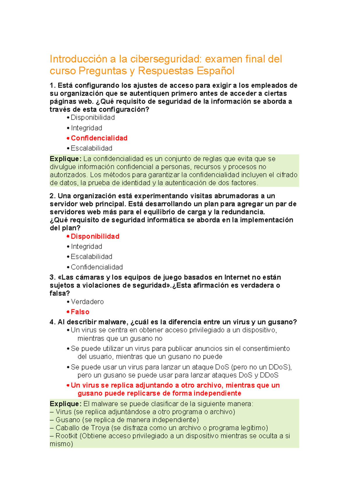 Examen Final de Ciberseguridad (Curso: CyberSec 101) - Preguntas y Respuestas - Studocu