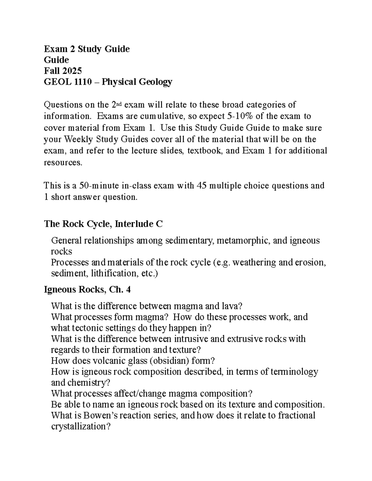 Exam 2 Study Guide for GEOL 1110 - Physical Geology (Fall 2025) - Studocu