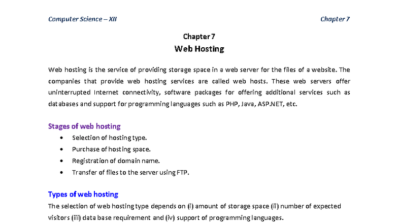 Computer Science XII Chapter 7: Web Hosting Overview and Types - Studocu