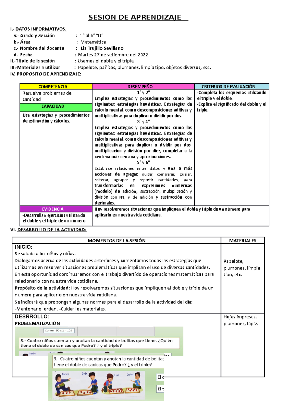 3° Doble Y Triple Matematica (3p) - SESIÓN DE APRENDIZAJE I.- DATOS INFORMATIVOS. a.- Grado y ...