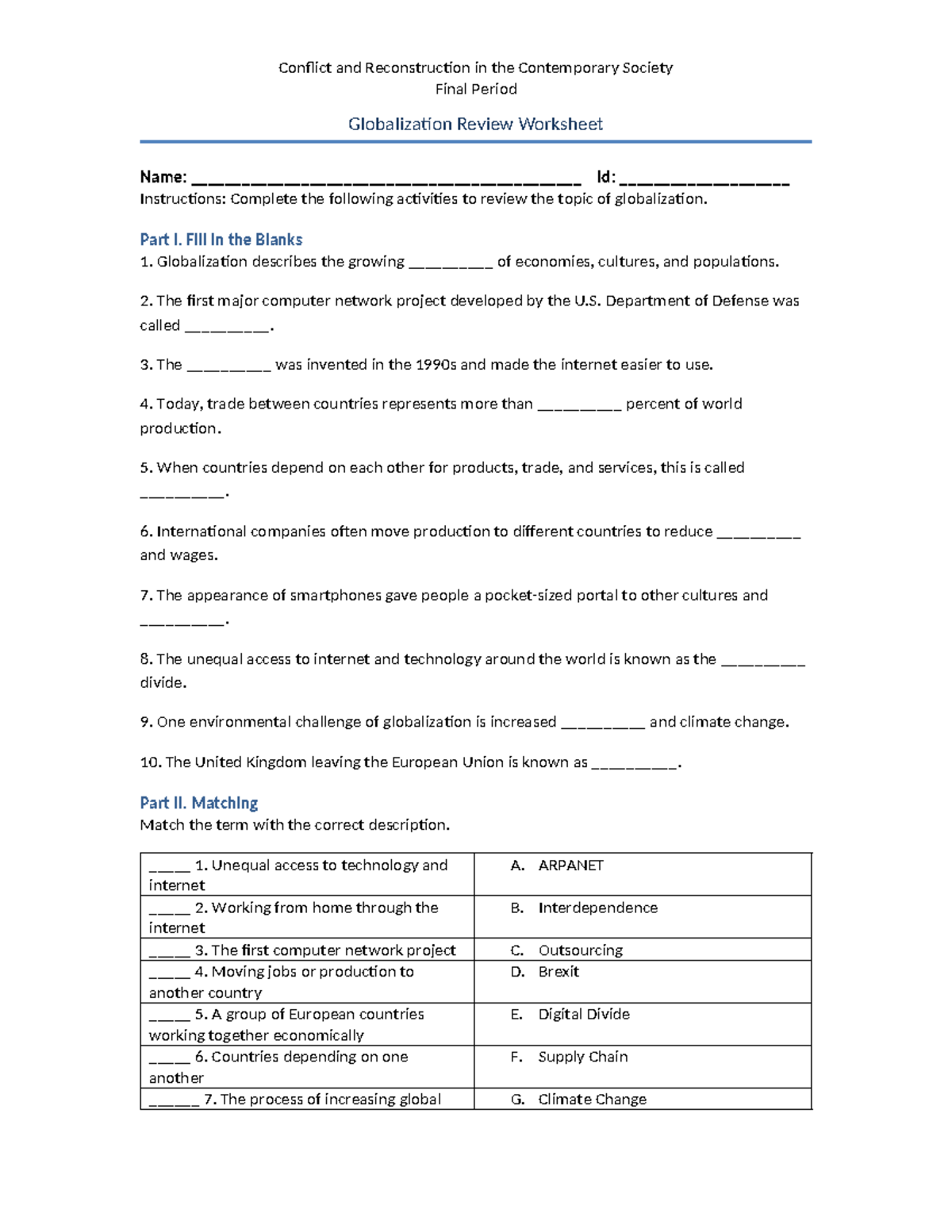 Globalization Review Worksheet: Conflict & Reconstruction Final Exam ...