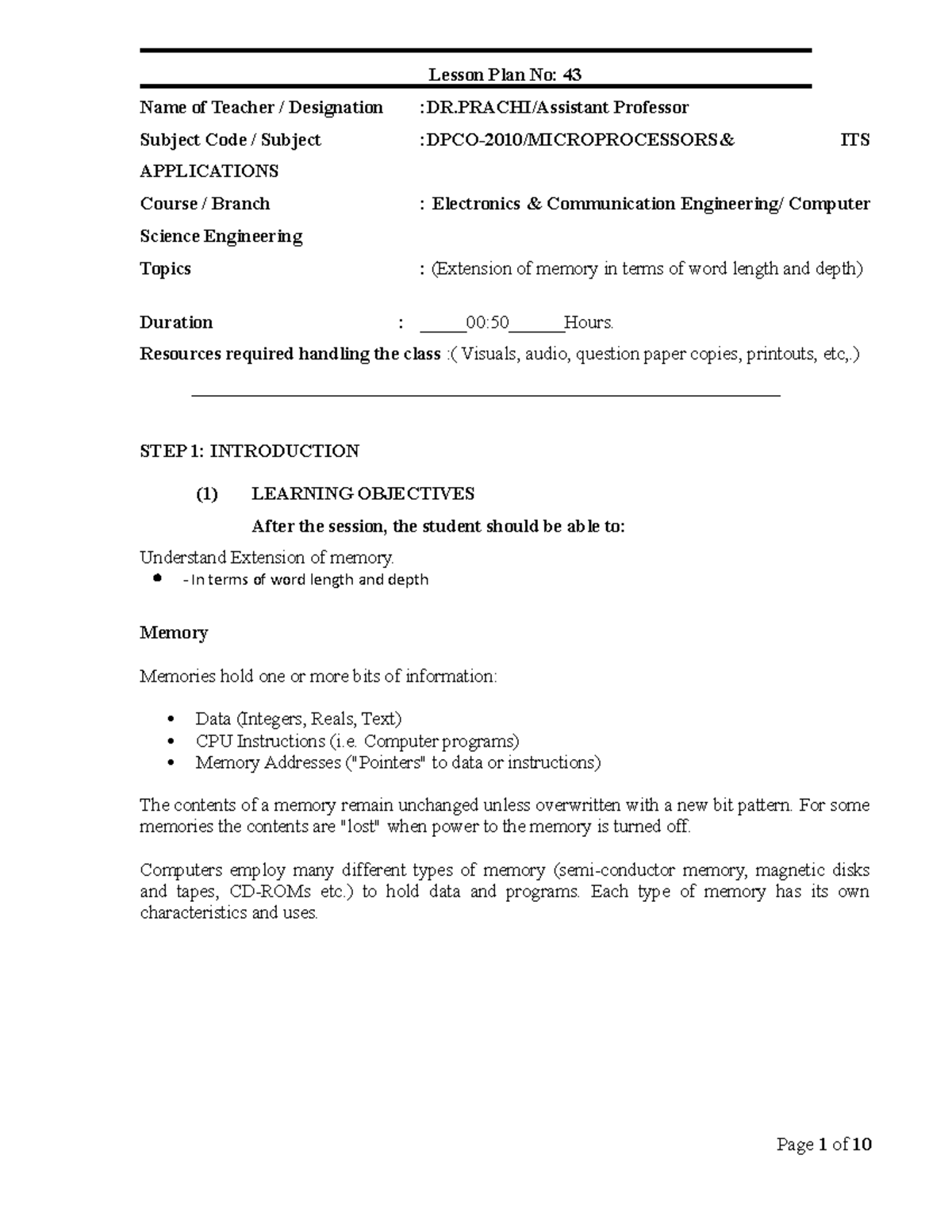 Lesson Plan 43 MP - Lecture notes Microprocessor & its applications ...
