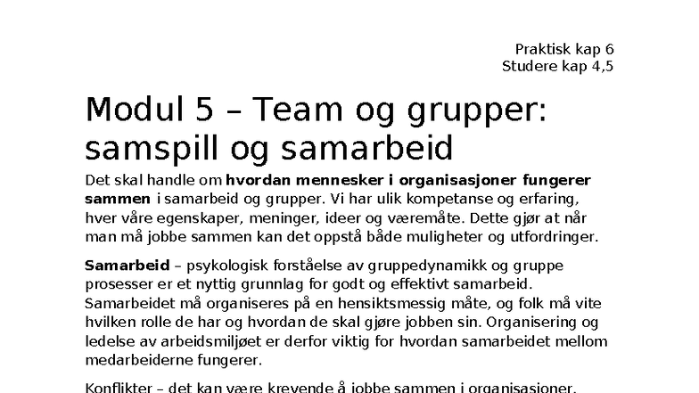 Modul 5: Team og Grupper - Samspill og Samarbeid i Organisasjoner - Studocu