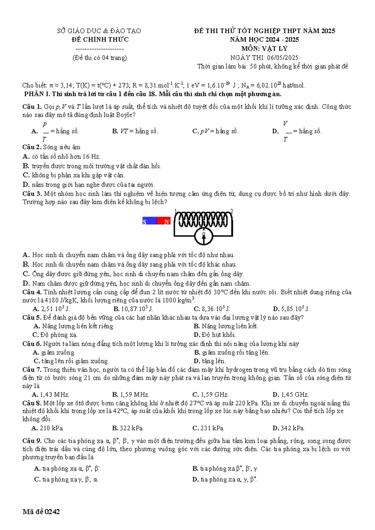 ĐÁP ÁN ĐỀ THI THỬ TỐT NGHIỆP THPT NĂM 2025 MÔN VẬT LÝ (Mã đề 0242 ...