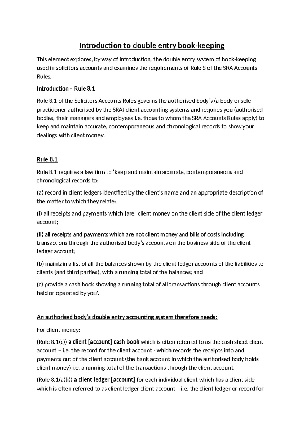 Double Entry Book-Keeping Overview - SRA Rule 8 Compliance Guide - Studocu