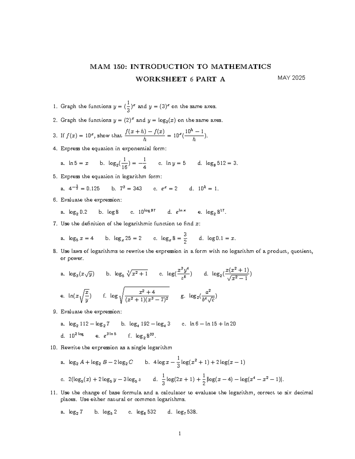 MAM 150: INTRODUCTION TO MATHEMATICS WORKSHEET 6 PRACTICE MAY 2025 ...