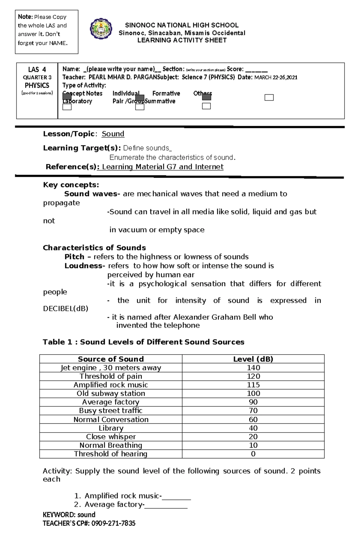 LAS 4: Learning Activity Sheet on Sound for Science 7 - Studocu